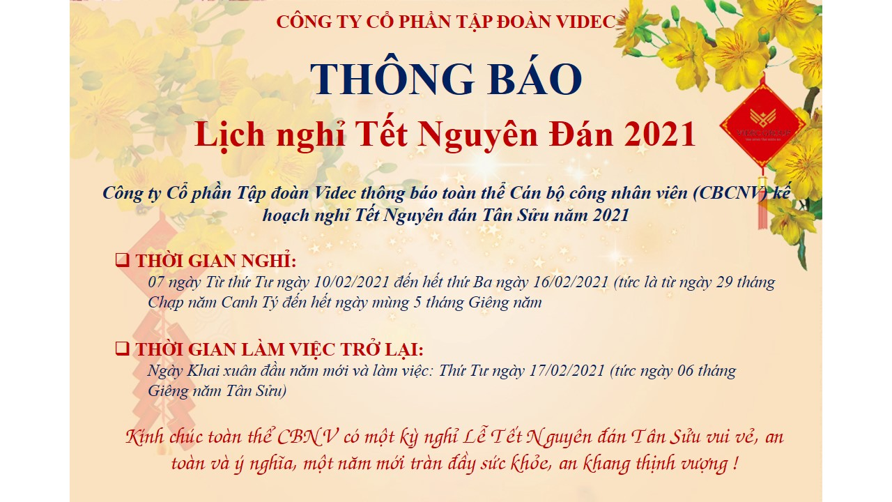 THÔNG BÁO NGHỈ TẾT NGUYÊN ĐÁN 2021 - VIDEC GROUP - Tâm Sáng Tầm Vươn Xa